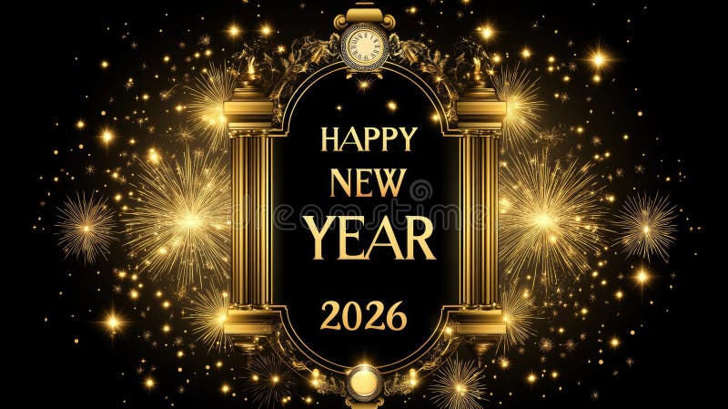 Happy New Year 2026 Celebration with Gold Fireworks and Clock. Happy ...