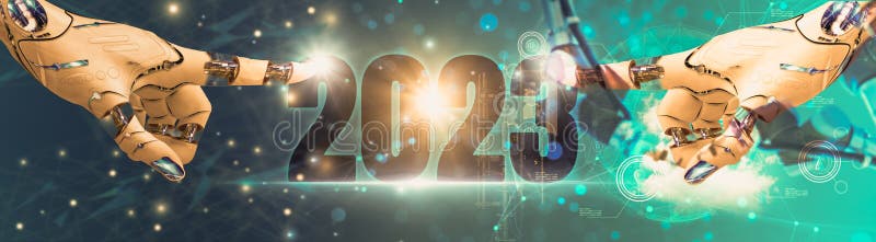 Happy New Year 2023,concept Digital Technology Trends,robot Hand Touch ...