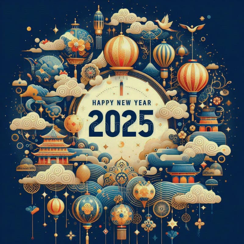 Happy New Year 2025 Design with Temple Decoration Stock Illustration ...