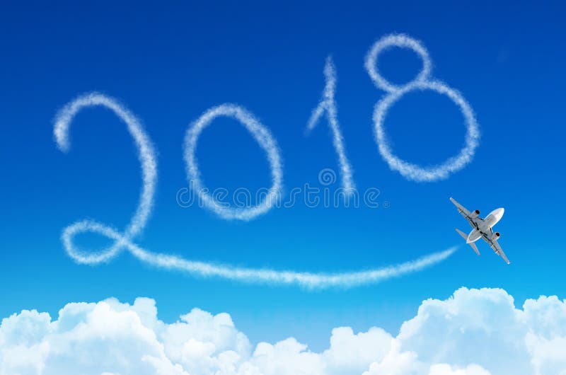Happy New Year 2018 Drawing by Airplane in the Sky Clouds. Stock Photo ...