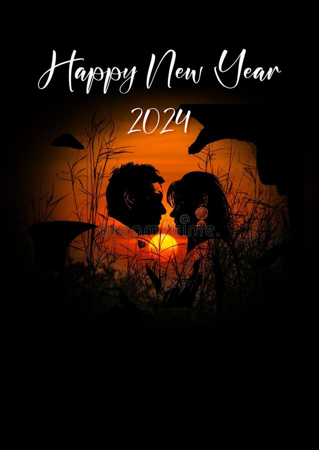 Happy New Year 2024 Drawing on Black Foreground with Silhouette of ...