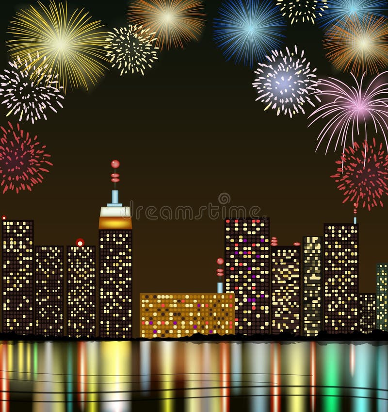 Happy New Year with Firework City at Night Stock Vector - Illustration ...