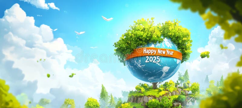 Happy New Year 2025 Globe Covered in Lush Greenery on a Floating Island ...