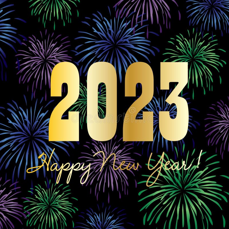2023 Happy New Year Graphic with Fireworks on Black Background Stock ...
