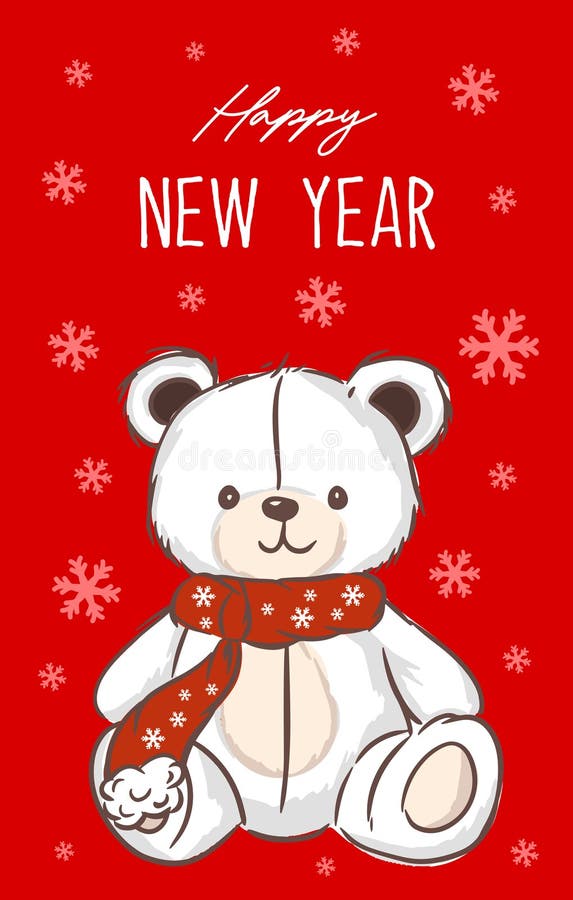 Happy New Year Hand Drawn Greeting Card with Cute Bear Stock Vector ...