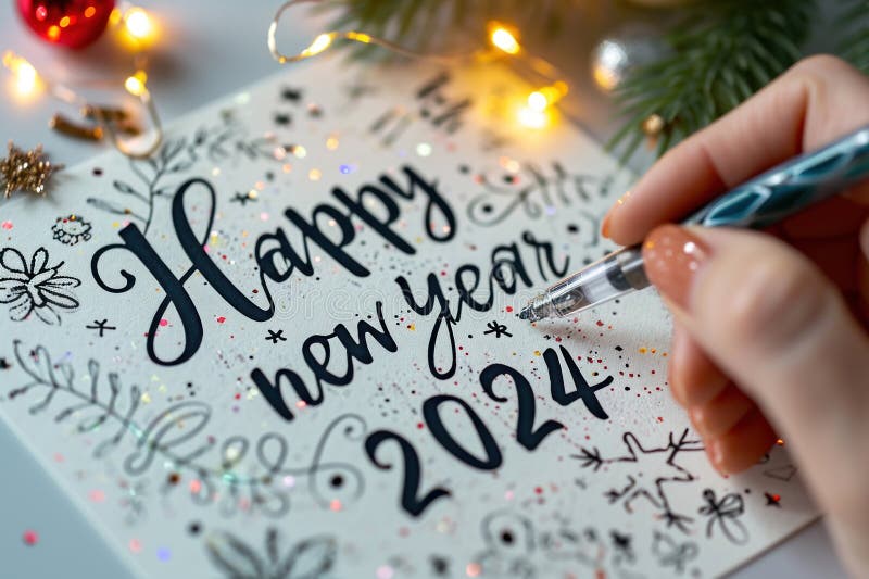 Happy New Year 2024 in Hand Writing on Card Stock Illustration ...