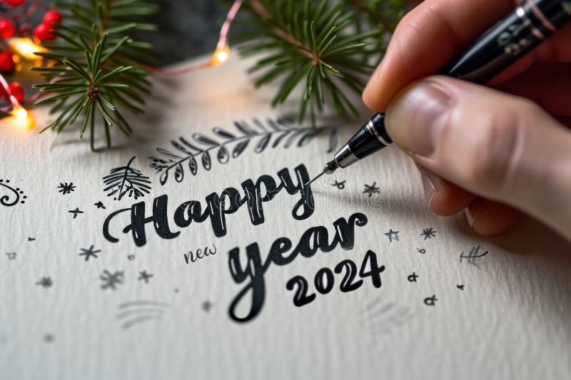 Happy New Year 2024 in Hand Writing on Card Stock Illustration ...