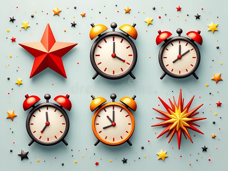 Happy New Year Icon Pack with Decorative Stars, Countdown Clocks, and ...