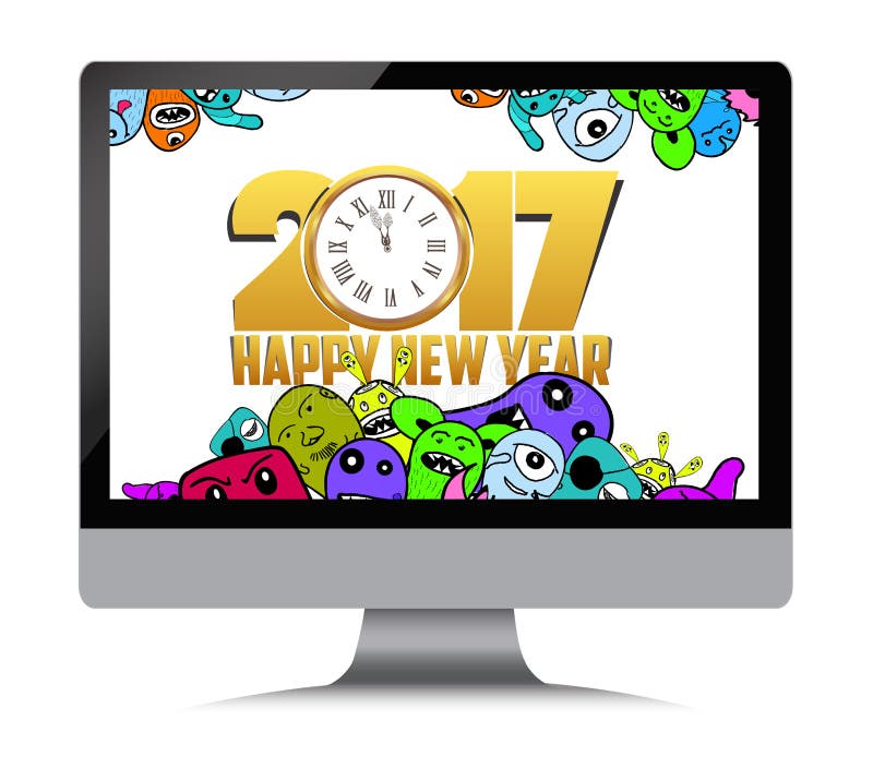 Happy New Year 2017. Monster Character on Computer Stock Illustration ...