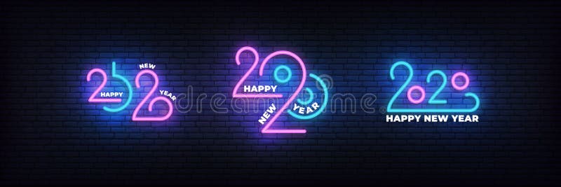 2020 Happy New Year Neon Set. Glowing 2020 New Year Typography Sign ...