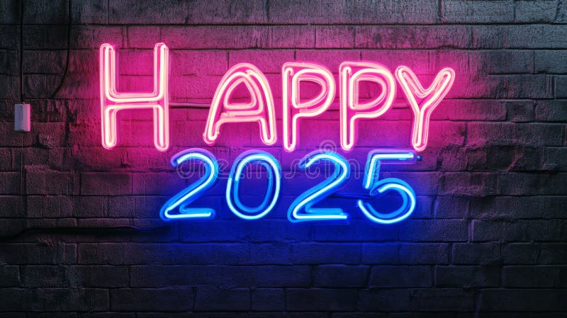 Happy New Year Neon Sign Two Thousand Twenty Five Stock Illustration ...