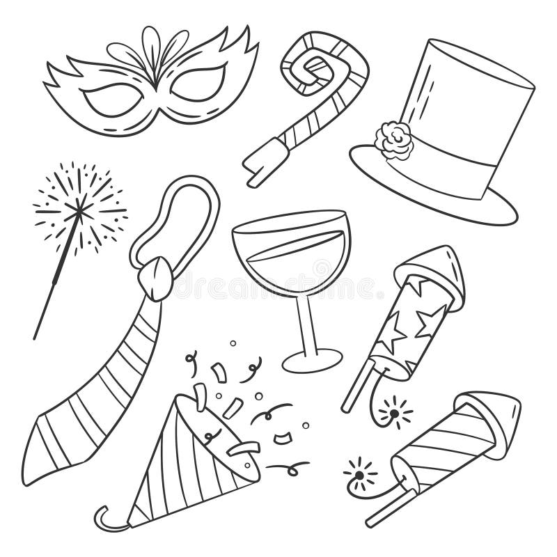 Happy New Year Party Element Collection Hand Draw Style Stock Vector ...