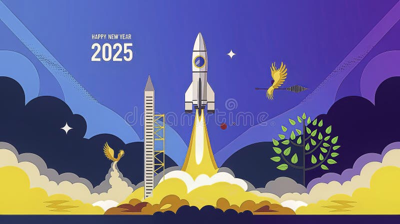 Happy New Year 2025 with Rocket Launch Illustration Stock Illustration ...