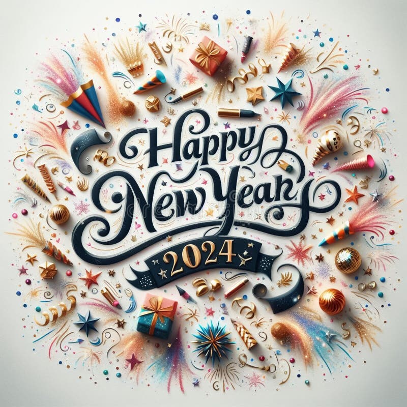 "Happy New Year" in Script Calligraphy, Surrounded by Confetti and ...