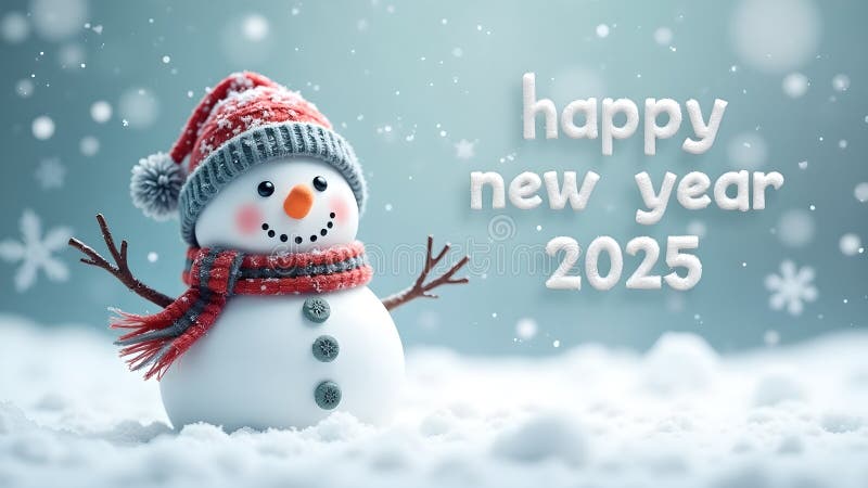 Happy New Year 2025 with Snowman and Snowfall Stock Photo - Image of ...