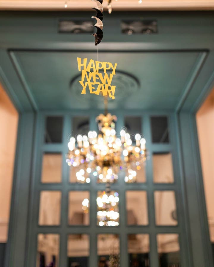 Happy New Year Sticker in the Restaurant Stock Photo - Image of ...