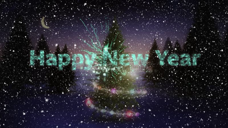 Happy New Year Text Banner Against Snow Falling Over Fireworks ...
