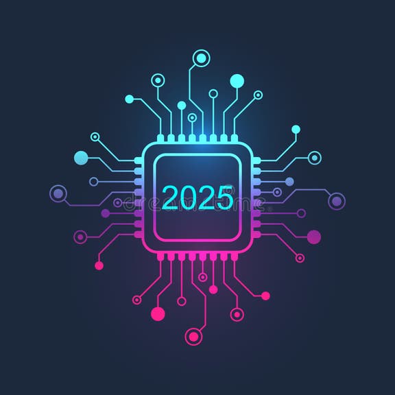 Happy New Year 2025 Text Design on the Chip, Component, Microchip ...