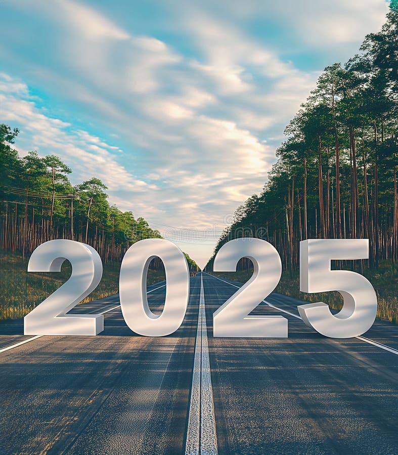 Happy New Year 2025, White Numbers 2025 on the Road, Generative Ai Art ...
