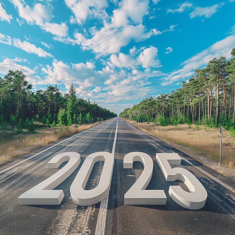 Happy New Year 2025, White Numbers 2025 on the Road, Generative Ai Art ...