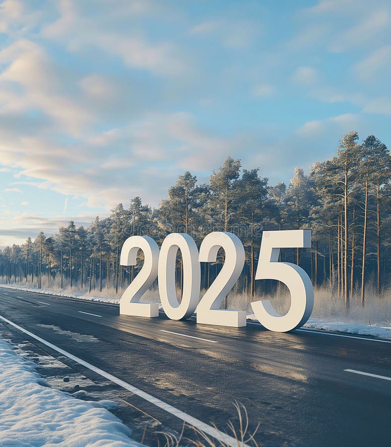 Happy New Year 2025, White Numbers 2025 on the Road, Generative Ai Art ...