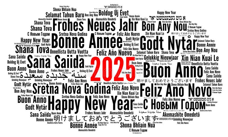 Happy New Year 2025 Word Cloud in Different Languages Stock Illustration - Illustration of ...