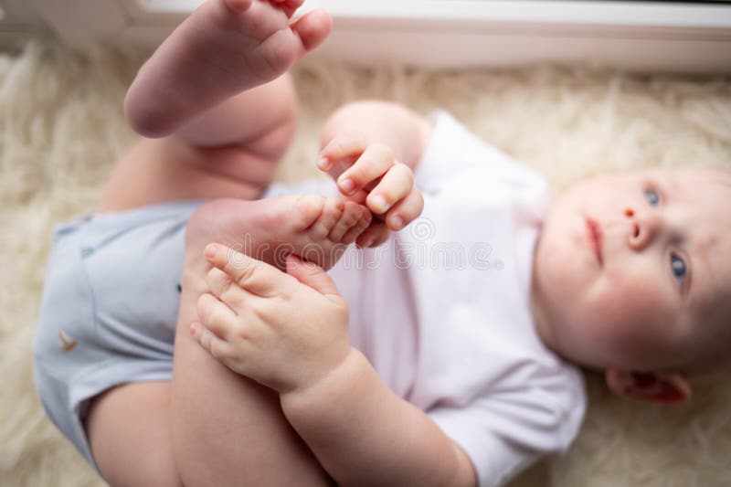 Happy Newborn Baby Boy Lying on His Back Stock Image - Image of ...