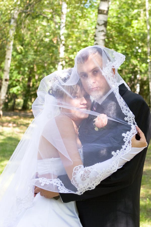 A Happy Newly-married Couple Under the Veil Stock Photo - Image of ...