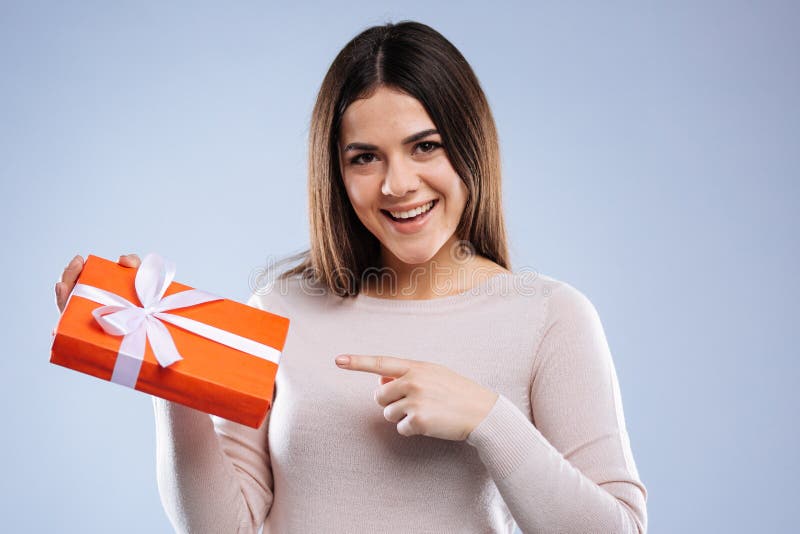 Happy Nice Woman Pointing at the Present Stock Image - Image of ...