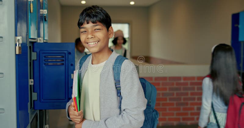 Happy, Notebook and Portrait of Boy at School for Education, Learning ...
