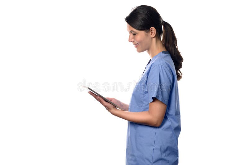 Happy Nurse or Doctor Using a Thin PC Tablet Stock Photo - Image of ...
