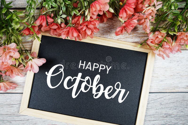 Happy October Text on Blackboard with Flower Bouquet Decoration Stock ...