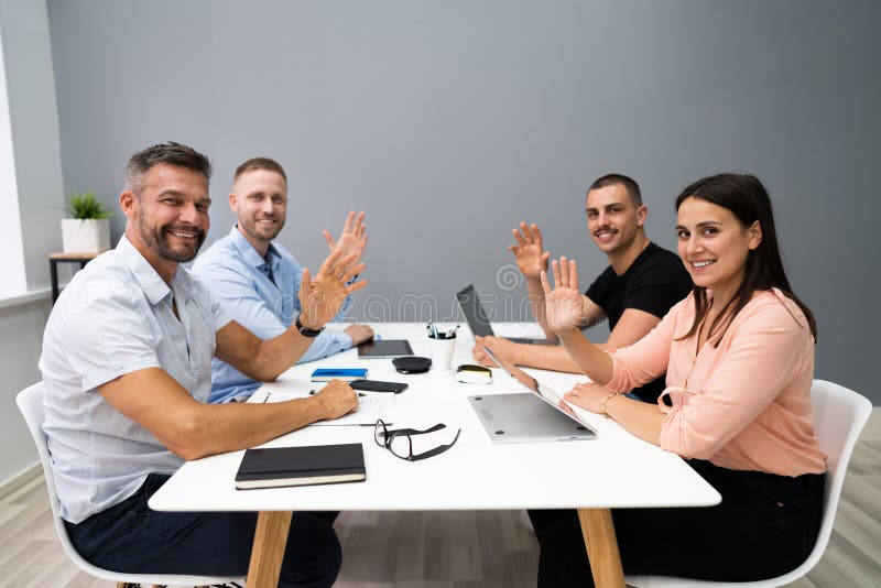 Happy Office People Waving Hello Stock Photo - Image of business ...