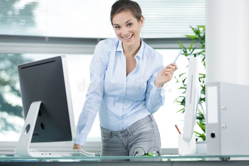 Happy office woman at work stock image. Image of cute - 216128113