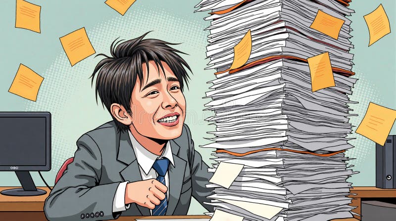 Happy Office Worker Facing Huge Paperwork Stack with a Smile. Stock ...