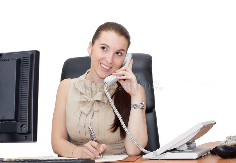 Happy Office Worker Girl on Landline Phone Call Stock Image - Image of ...