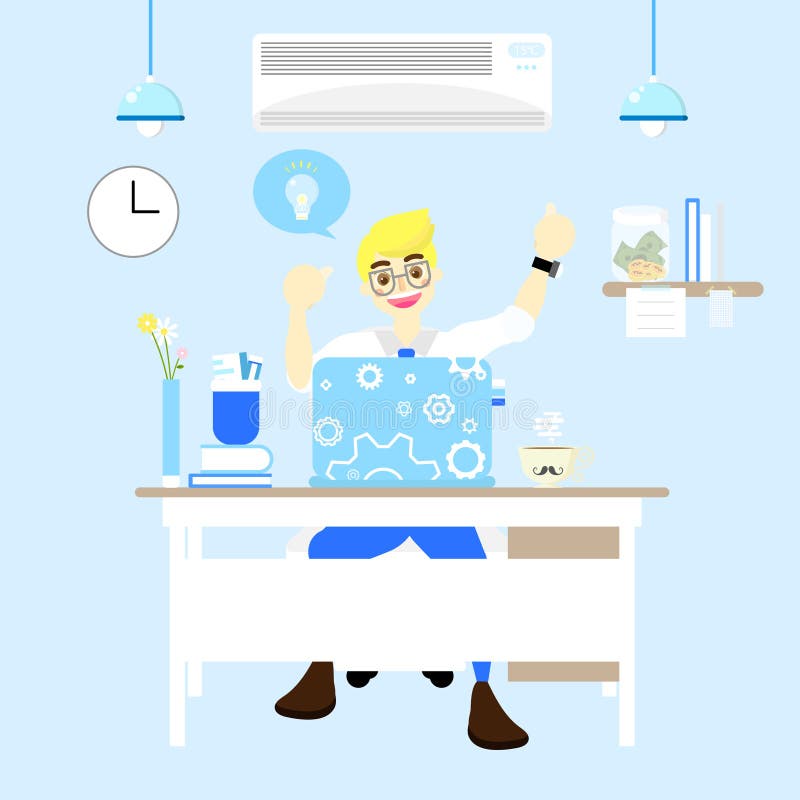 Happy Office Worker Man with Blue Interior Design,flat Character Design ...