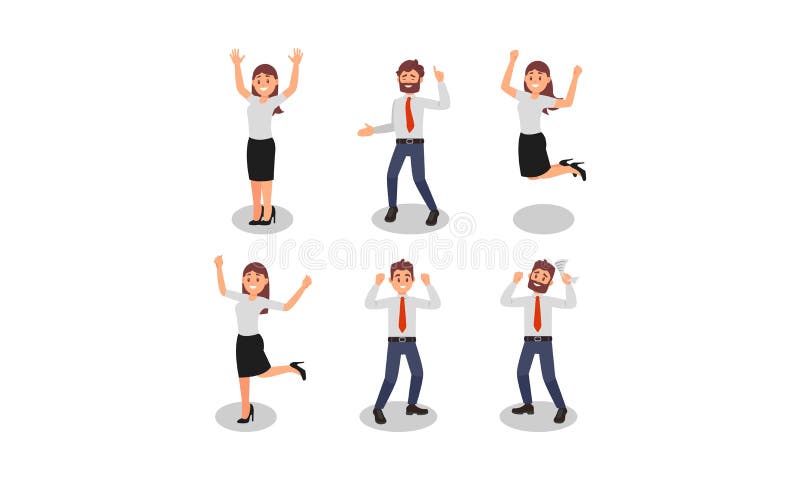 Happy Office Workers Smiling and Jumping Vector Illustrations Set Stock ...