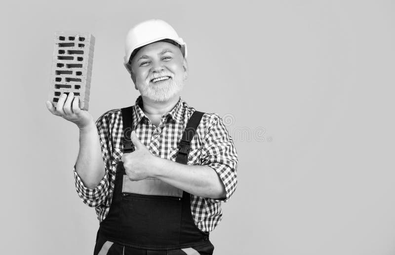 Happy Old Aged Man Bricklayer Helmet Yellow Background Thumb Up Stock ...