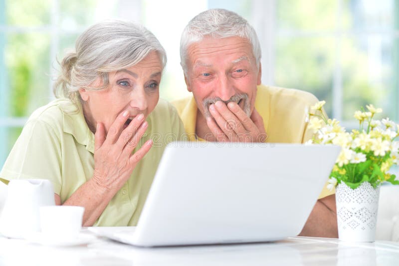 Happy Old Couple with Laptop at Home Stock Image - Image of modern ...