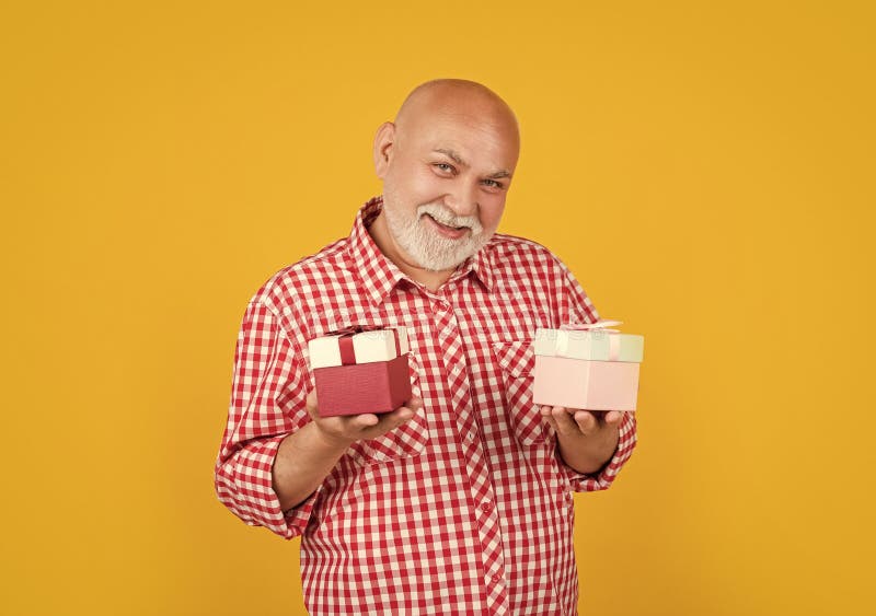 Happy Old Man with Present Box for Anniversary Stock Image - Image of ...