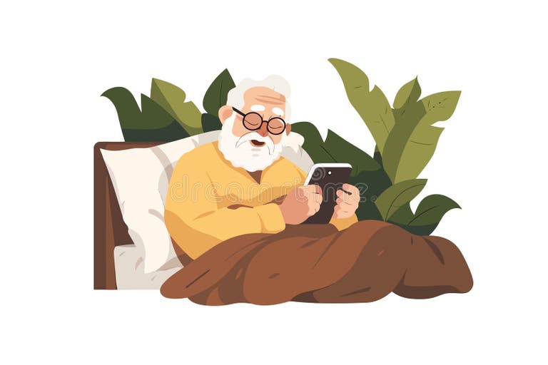 Happy Old Man Using Phone in Bed Computer Isolated Stock Vector ...