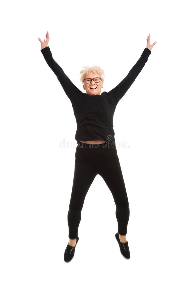 Happy old woman jumping. stock image. Image of cheerful - 35808493