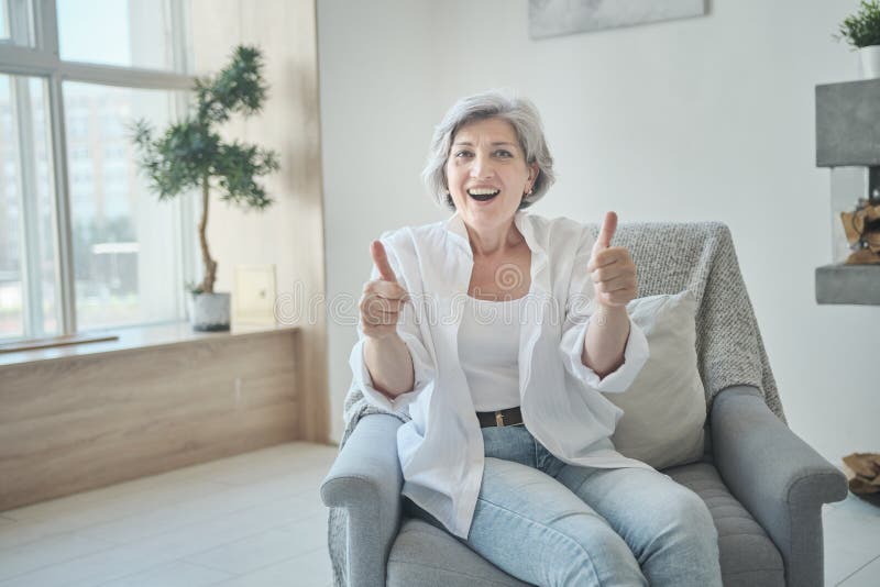 Happy Older Citizen Looking at Webcamera, Speaking at Job Interview ...