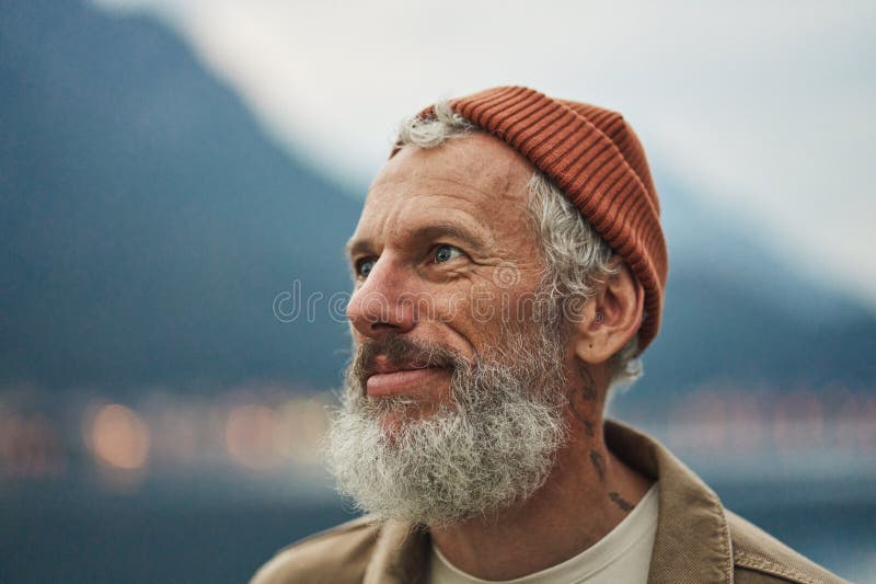 Happy Older Man Standing in Nature Park Enjoying Landscape. Close Up ... Happy Older Man Standing in Nature Park Enjoying Landscape. Close Up ...
