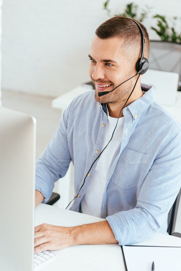 Happy Operator in Brokers Agency Typing Stock Image - Image of cheerful ...