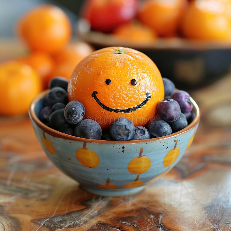 Happy Orange in Blueberry Bowl Stock Illustration - Illustration of ...