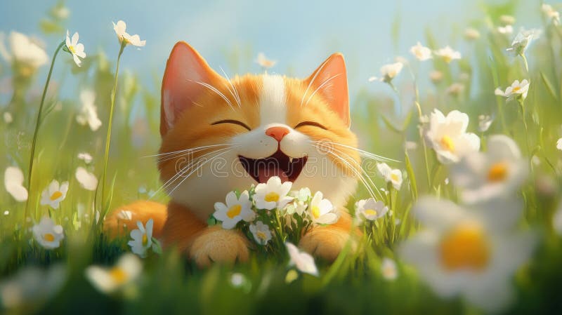 Happy Orange Kitten Amidst Blooming Spring Flowers Stock Illustration ...