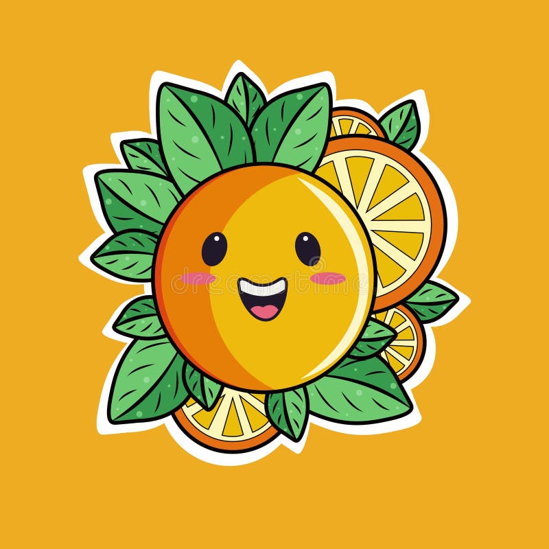 Happy Orange Mascot with Cut Slice and Leaves in Sticker Stock ...