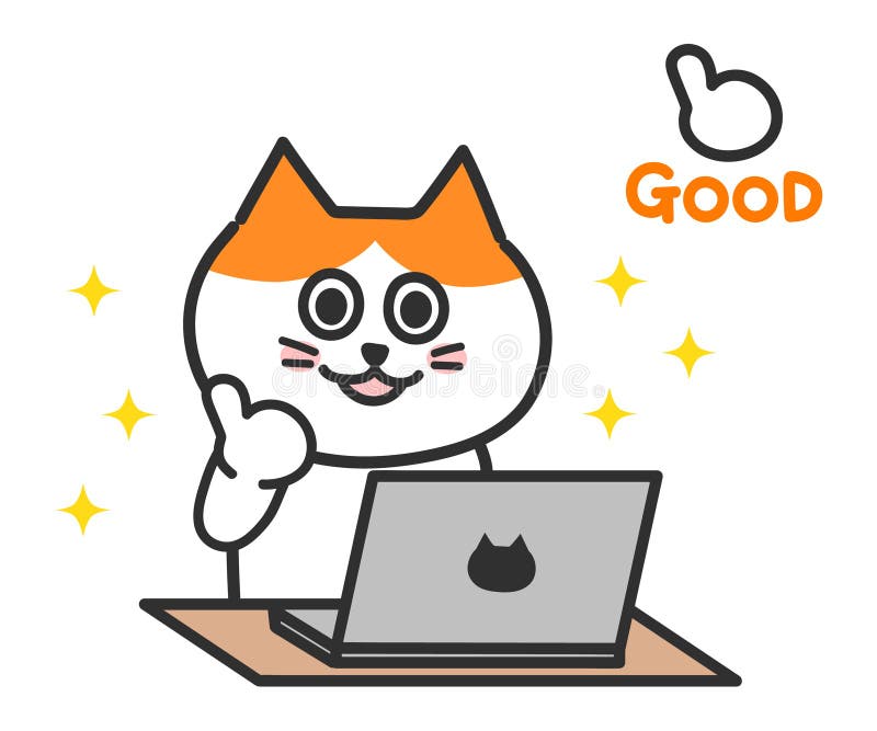 Happy Orange Tabby Cartoon Cat while Using a Computer. Stock Vector ...